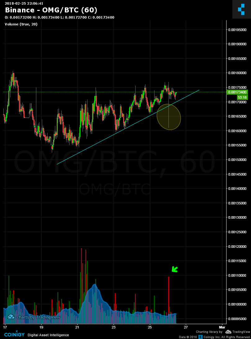 Binance OMG/BTC Chart - Published on Coinigy.com on February 25th, 2018 at 10:06 PM.