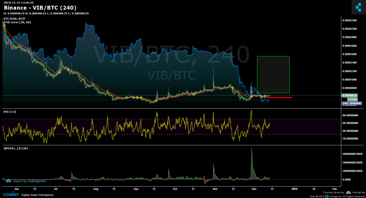 Binance VIB/BTC Chart - Published on Coinigy.com on December 13th, 2018 at 2:46 PM.