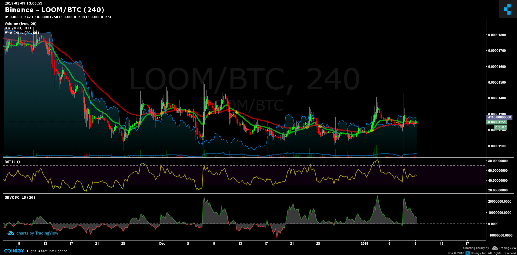 Binance LOOM/BTC Chart - Published on Coinigy.com on January 9th, 2019 at 1:06 PM.