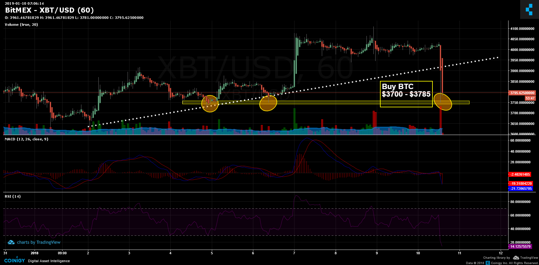 BitMEX XBT/USD Chart - Published on Coinigy.com on January 10th, 2019 ...