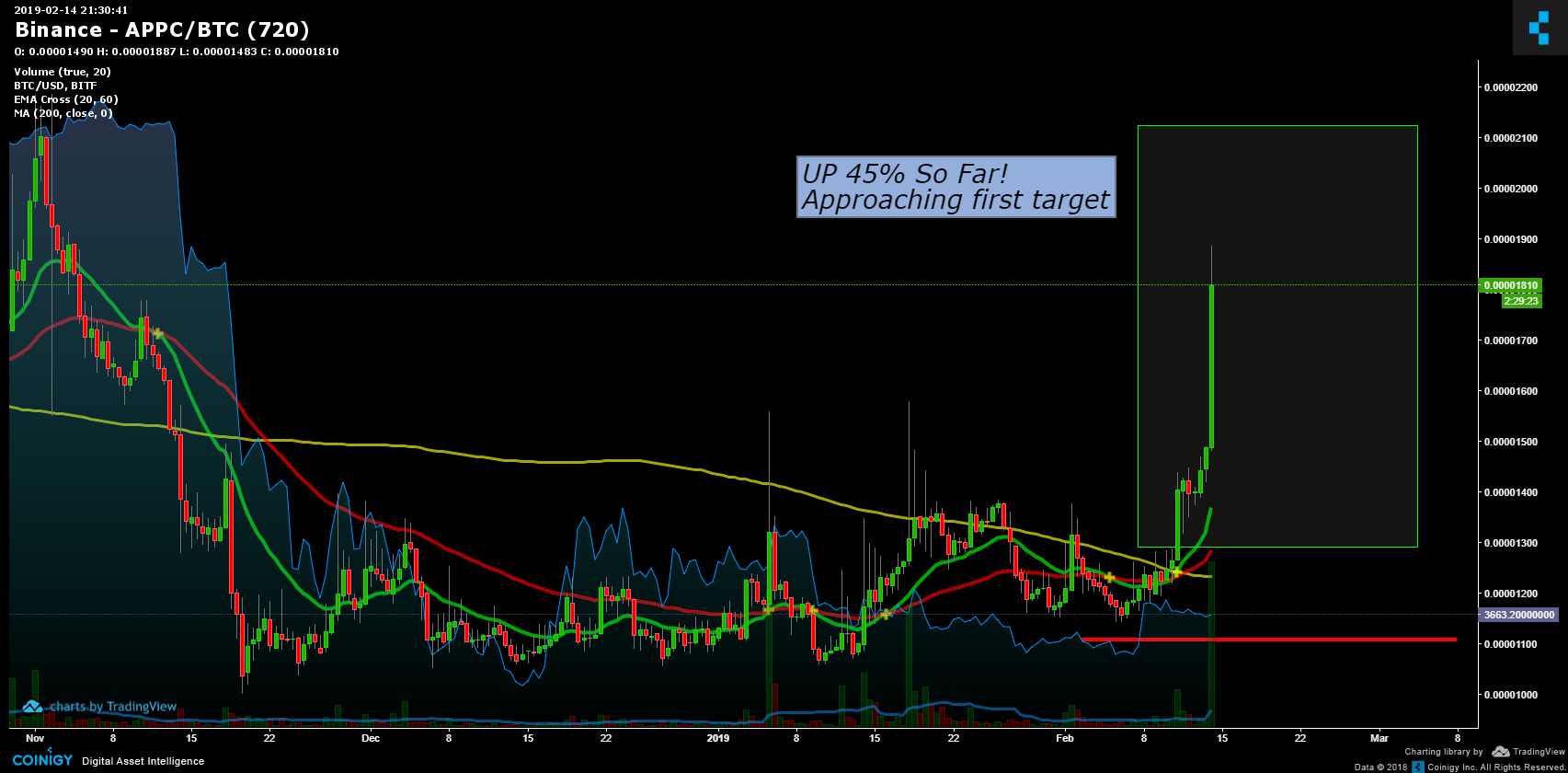 Binance APPC/BTC Chart - Published on Coinigy.com on February 14th, 2019 at 9:30 PM.