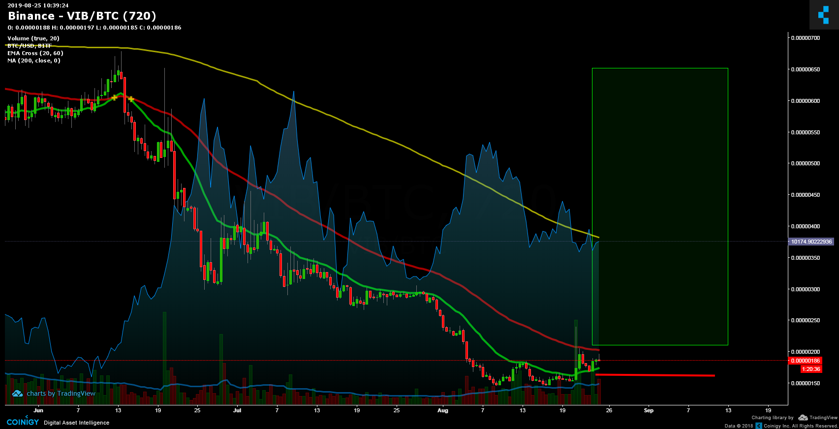 Binance VIB/BTC Chart - Published on Coinigy.com on August 25th, 2019 at 10:39 AM.