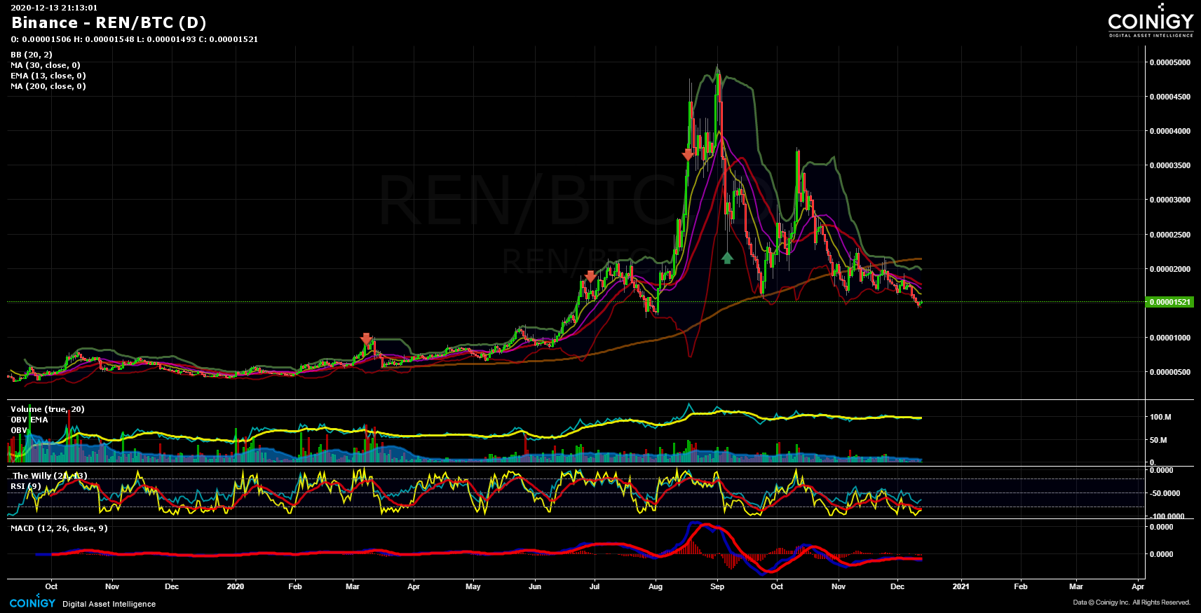 Binance REN/BTC Chart - Published on Coinigy.com on December 13th, 2020 at 9:13 PM.