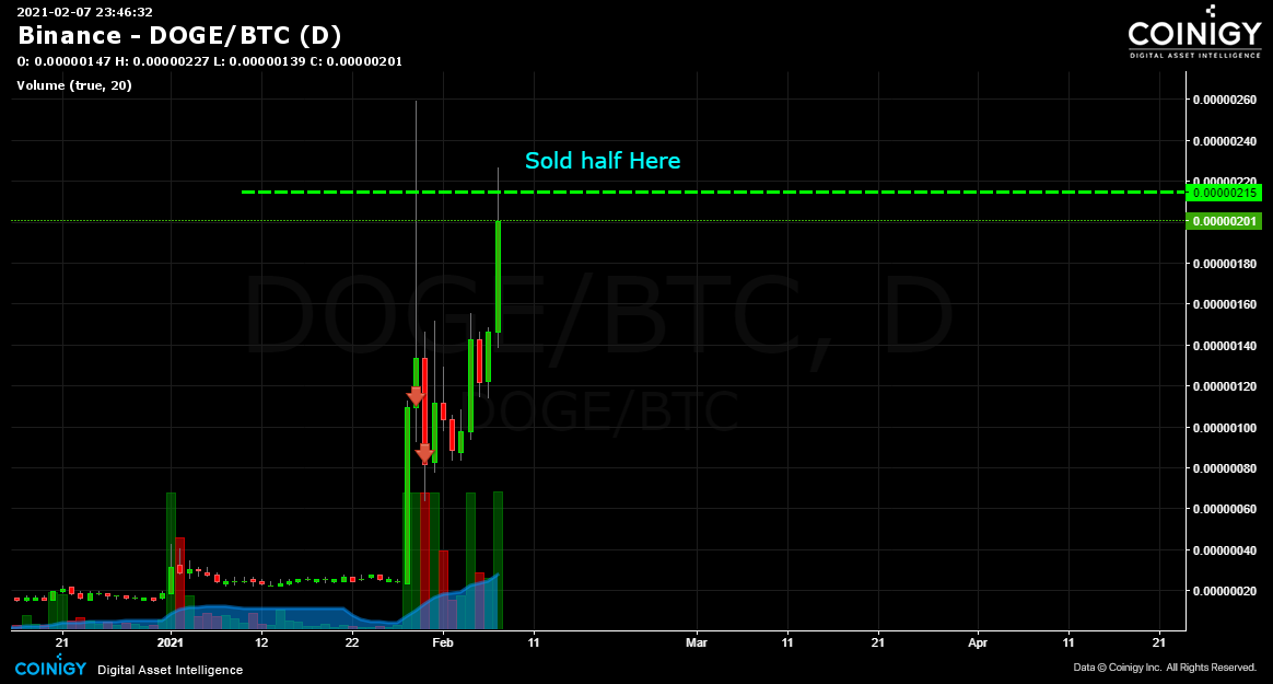 Binance DOGE/BTC Chart - Published on Coinigy.com on February 7th, 2021 at 11:46 PM.